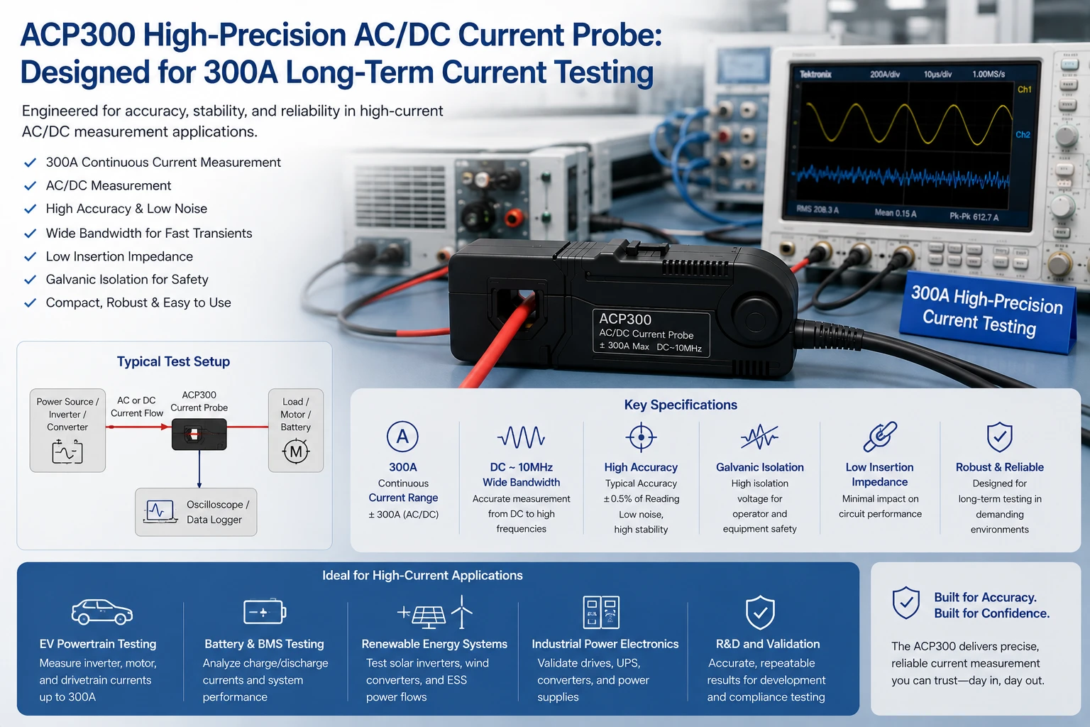 ACP300 High-Precision AC/DC Current Probe: Designed for 300A Long-Term ...